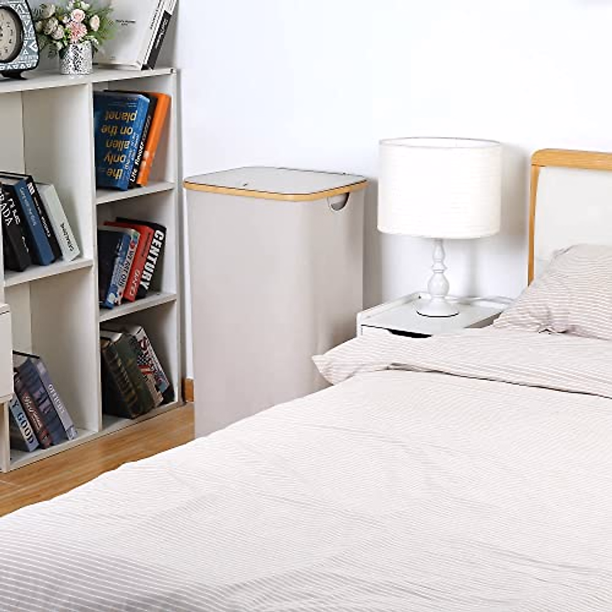 efluky Large Laundry Basket with Lid, 100L Tall Laundry Basket with Bamboo Handles for Clothes and Toys, Collapsible Laundry Hamper with Inner Bag for Bedroom and Bathroom, Light Grey