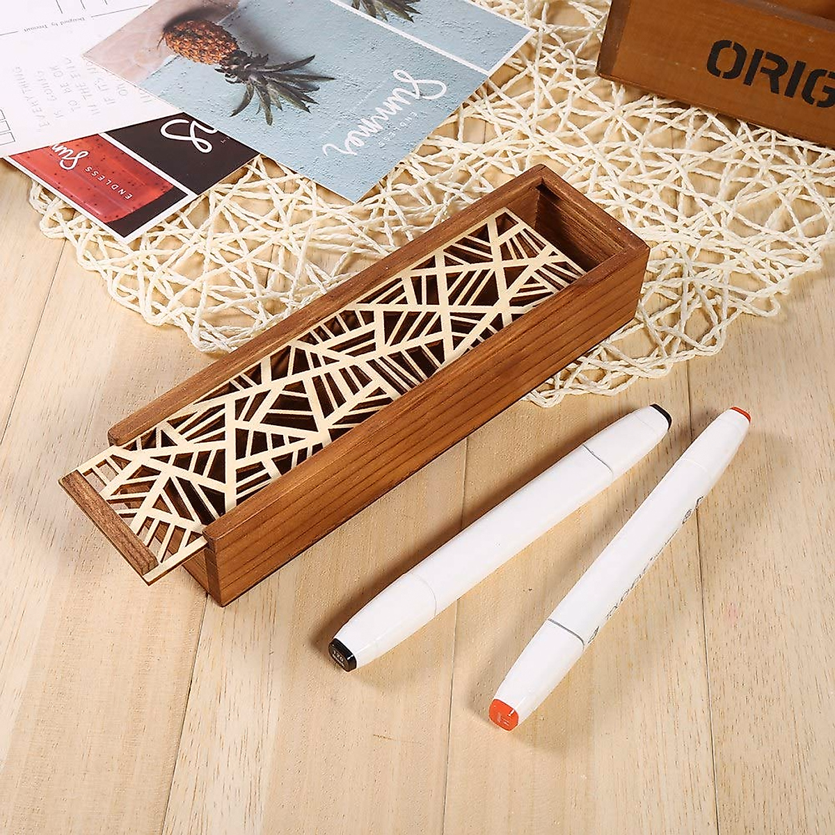 Wood Storage Organiser with Removable Cover, Pencil Case Box Wooden Penholder(Geometric Patch Type)