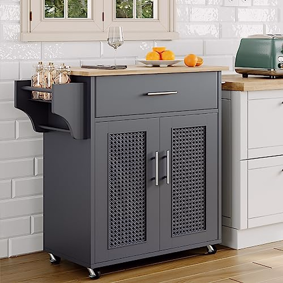 Tornama Kitchen Island with Storage, Rolling Kitchen Island on Wheels with Solid Wood Countertop, Kitchen Island Cart with Rattan Storage Cabinet, Spice Rack, Towel Rack and Drawers, Grey