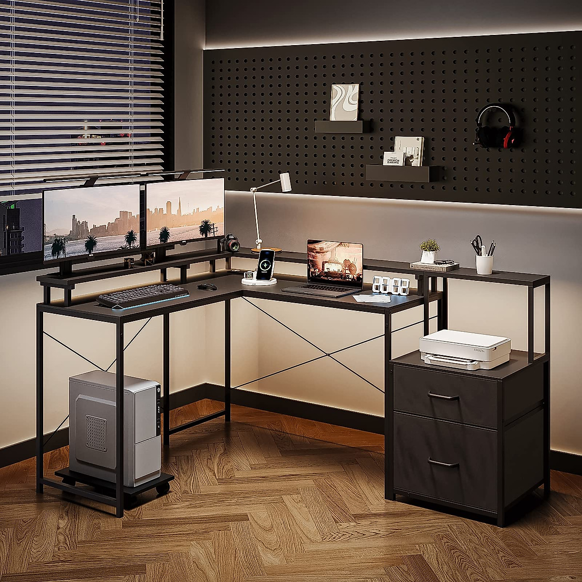 WASAGUN L Shaped Desk with 2 Fabric Drawers, Power Outlet & USB Ports, Corner Gaming Desk with LED Light, Reversible Computer Desk with Monitor Stand & Hook, Home Office Work Desk, Black