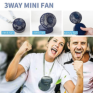 HandFan Mini Necklace Fan with Portable Charger/Makeup Mirror, Personal Hanging Neck Fan Rechargeable, Hands-Free Battery Operated Wearable Fan for Travel Outdoor Makeup(Blue)