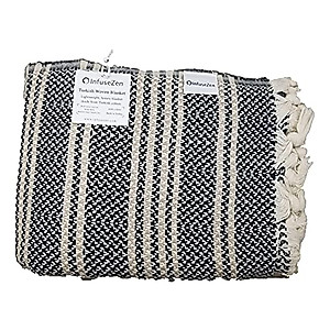 InfuseZen Turkish Throw Blanket Made from 100% Turkish Cotton, Large Lightweight Handwoven Sofa Throw, Partial Bed Cover or Loveseat Blanket (Black with Beige Stripes)