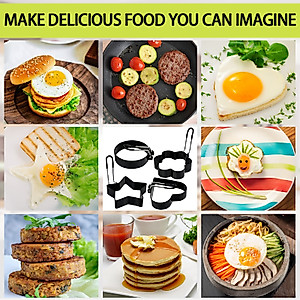 6 Pack Eggs Rings, Stainless Steel Egg Cooking Rings, Round Pancake Mold for Frying Eggs, Omelet and Muffins, Non-stick Fried Egg Mold Ring with Oil Brush and Slotted Spatula, 4 Shapes