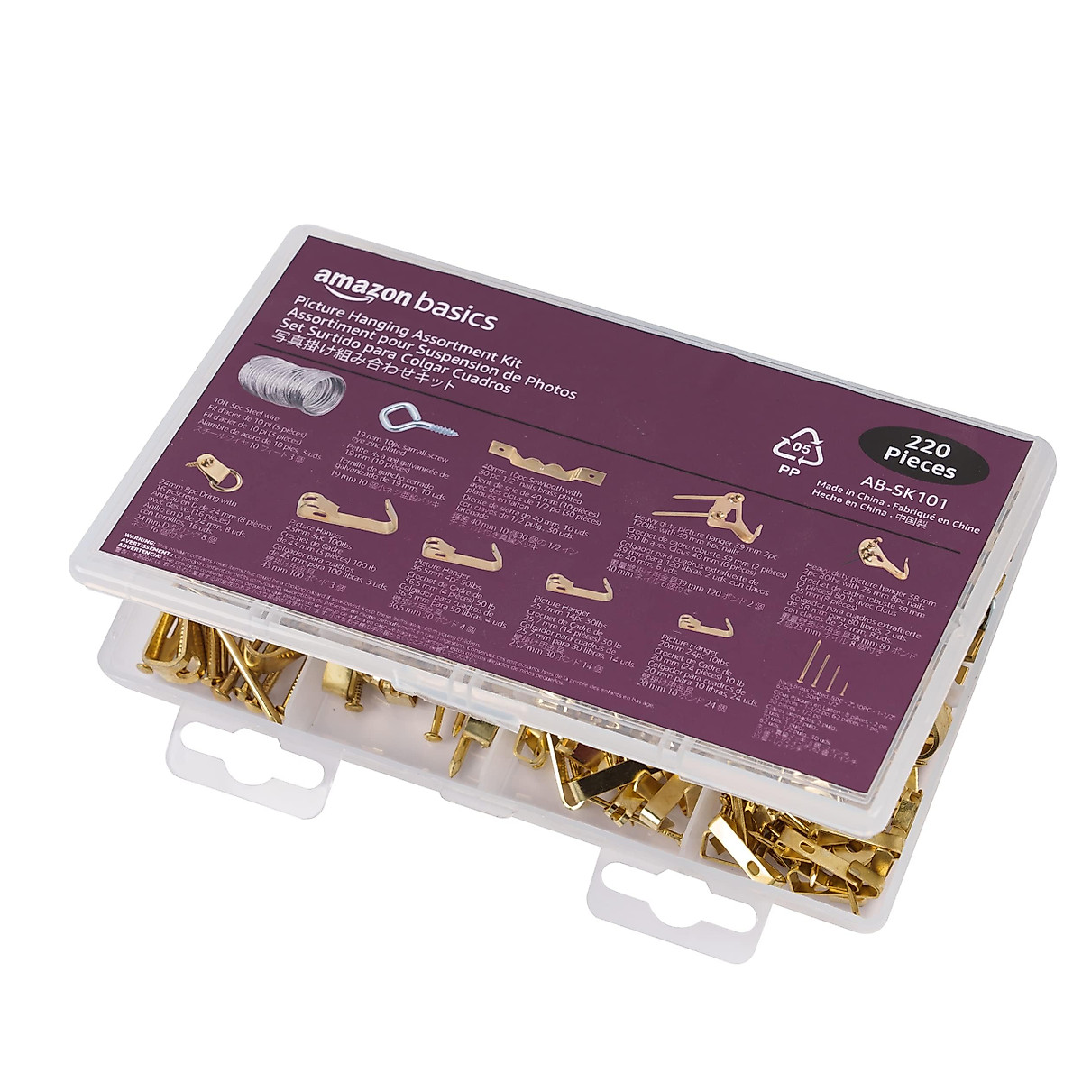 Amazon Basics Picture Hanging Assortment Kit, Brass, 220 Piece Set