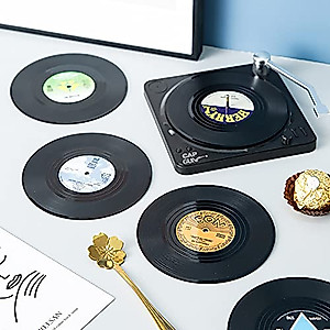 XingZhuo Retro Vinyl Record Coasters Set of 6 Piece with 1 Piece Vinyl Record Player Holder Coasters for Coffee Table, Vinyl Record Decor, Drink Coasters, Funny Coasters, Music Coasters