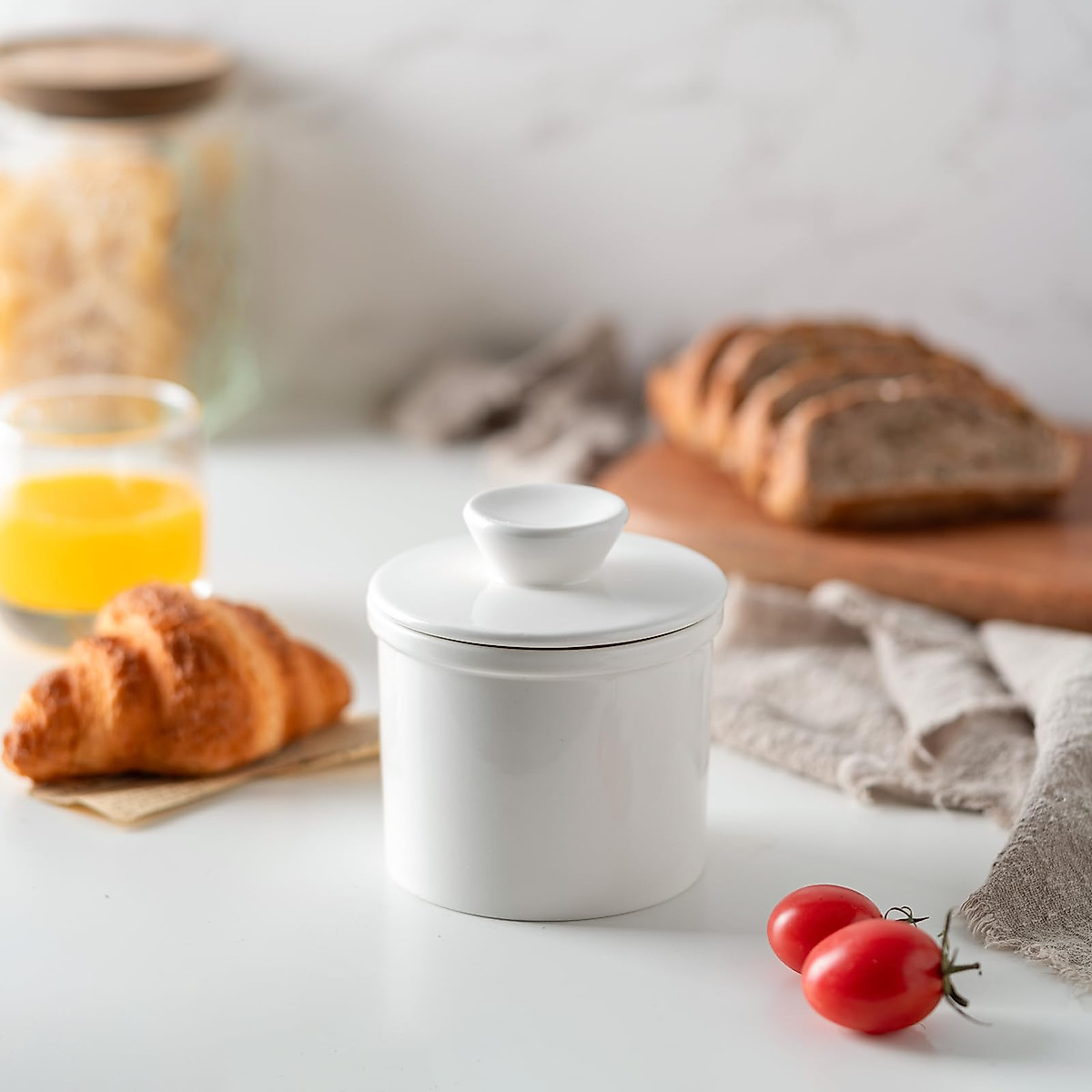 Husfunov Butter Crock with Water Line for Countertop, French Butter Dish with Lid, Ceramic Butter Keeper for Fresh Spreadable Butter, Butter Container Holder for Kitchen and Home Decor, White