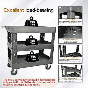 AQNIEGEP 3 Shelf Utility Cart Heavy Duty Rolling Cart with Brake Wheels Storage Service Cart w/Deep Shelves for Warehouse Workshop Cleaning Office Restaurant Commercial Moving 600lbs Capacity Black