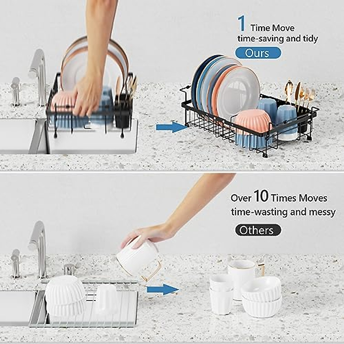 iSPECLE Sink Dish Drying Rack - 3 Sizes Adjustable Dish Rack(13.5'',15.3'',17'') - Over Sink Drying Rack, in Sink or on Counter Dish Drainer with Removable Cutlery Holder Large Capacity, Black