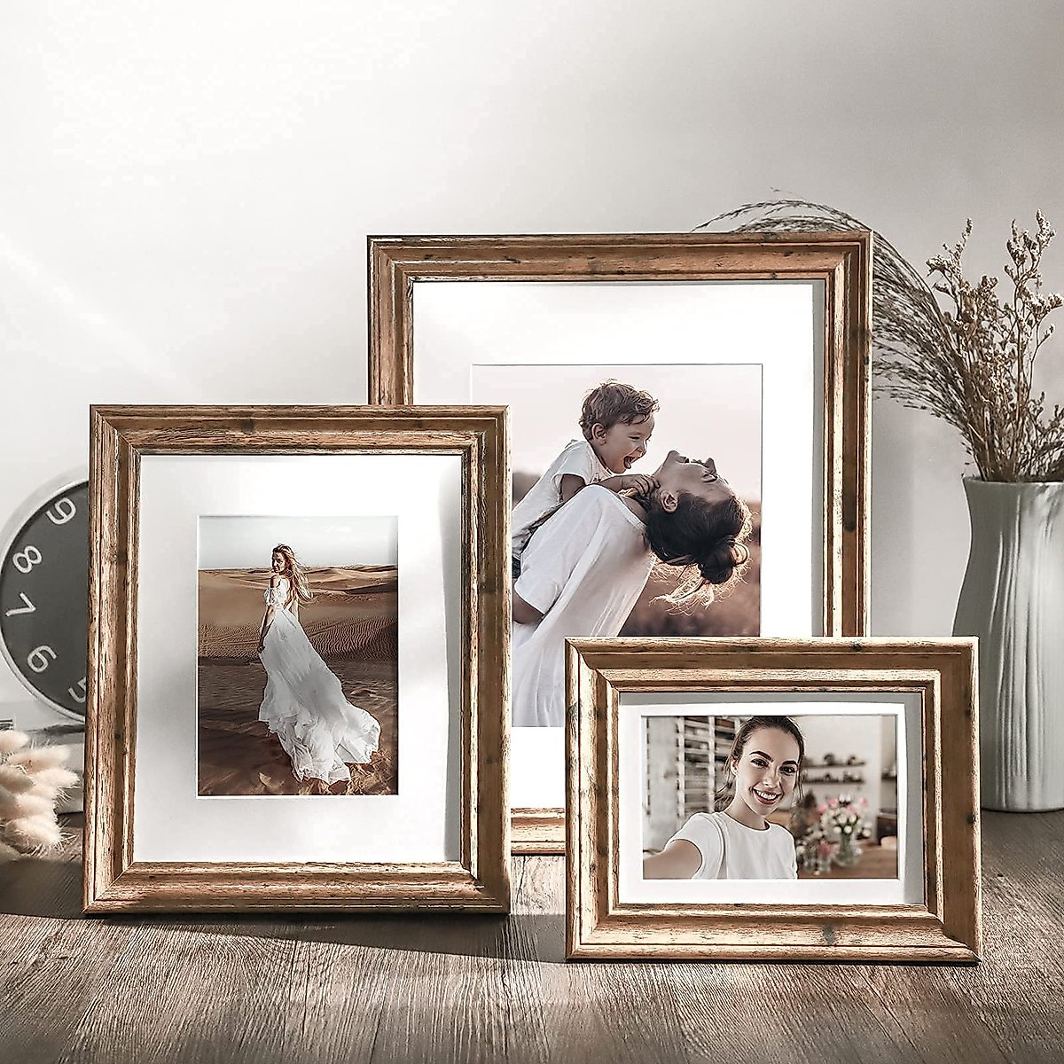 TWING 11x14 Picture Frames Set of 6, Rustic Walnut Photo Frames Display Pictures 8x10 with Mat or 11X14 Without Mat, Pre-Installed Wall Mount Vertically or Horizontally Photo Frames Poster Frames