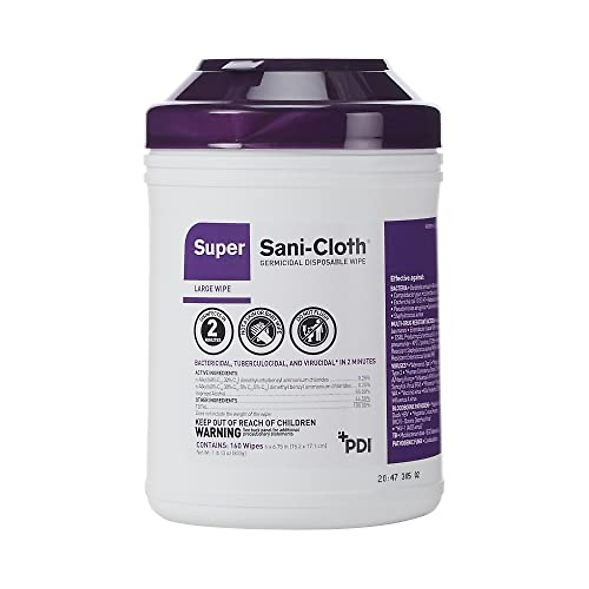 PDI-Q55172 Professional Disposables Surface Disinfectant Super Sani-Cloth Wipes, 160 Count - Purple