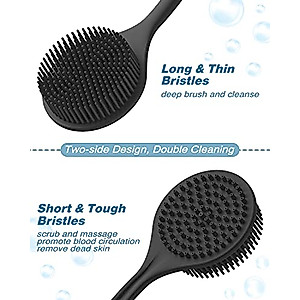 Manmihealth Silicone Back Scrubber(Thin Bristles) & Soft Bath Glove Set, Super-Cleaning Body Scrubber & Super-Lathering Shower Brush Combination, with a Free Hook. (Black)
