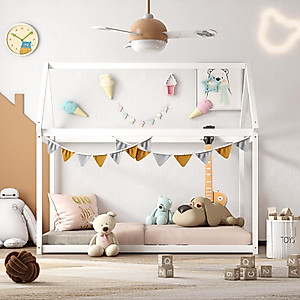 Giantex Twin House Bed, Wood Montessori Bed Frame with House Roof Canopy, Low Floor Bed with Sturdy Wood Slat Support, No Box Spring Needed, Twin Playhouse Bed for Kids Teens Boys Girls (White)