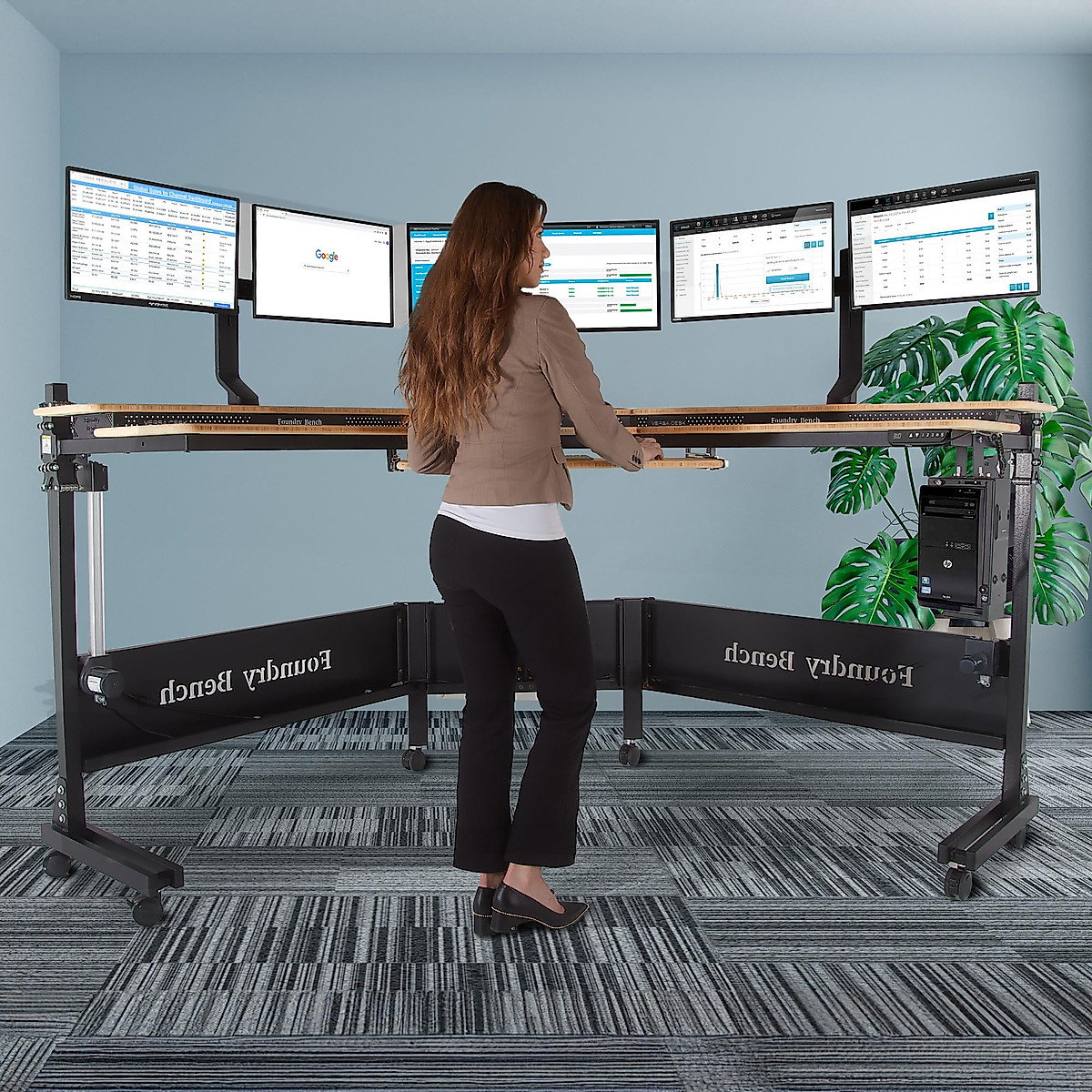 VERSADESK® Foundry Bench 80" x 80" Extra Wide L-Shaped Split-Level Corner Standing Desk | Electric Height Adjustable. 1" Bamboo Surface. USB & USBC Charging Ports. Mobile App Controllable.