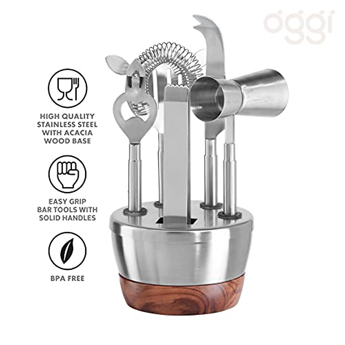 OGGI Modernist Stainless Steel Bar Tool Set w/Wood Accent- Ideal Bar Accessories, Cocktail Set, Bar Set, Bar Cart Décor; Includes Bar Knife, Ice Tongs, Drink Strainer, Double Jigger & Cap/Can Opener