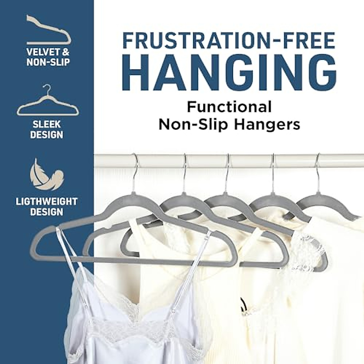 Lifemaster Velvet Non-Slip Hangers - 20 Pieces Non-Slip Coat Hanger Set with 360° Swivel Hook, Space-Saving, Sleek Design, Keep Closet Organized, Smooth Velvet Finish, Lightweight Construction - Gray