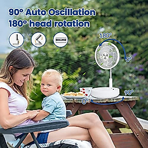 Primevolve 10 inch Oscillating Fan with Remote, Battery Operated Fan Adjustable Height, USB Rechargeable- 4 Speeds, 8H Timer Setting for Bedroom Home Office Outdoor Camping Tent Travel, White