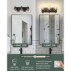 METWET Bathroom Light Fixtures, 3-Light Matte Black Vanity Light, Modern Wall Sconces with Clear Glass Globe Shade, Bathroom Wall Lights for Mirror Kitchen Bedroom Hallway, VL195-MB-3