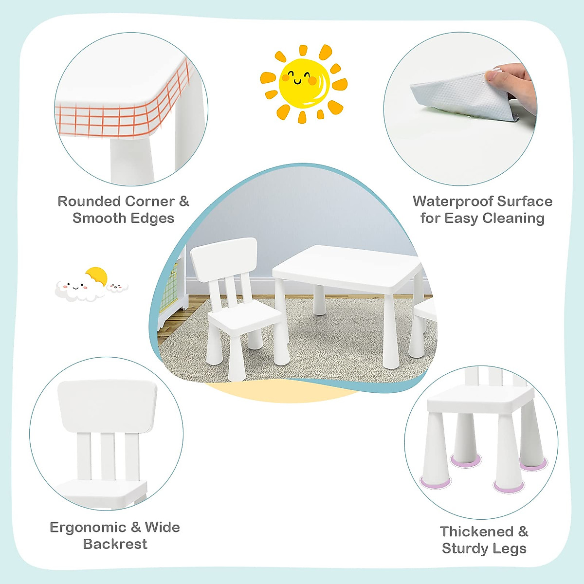 COSTWAY 3-Piece Kids Table and Chairs Set, Lightweight Plastic Children Activity Center for Reading, Writing, Painting, Snack Time, Kids Furniture Art Study Desk & Chairs Set for Ages 1-7 (White)