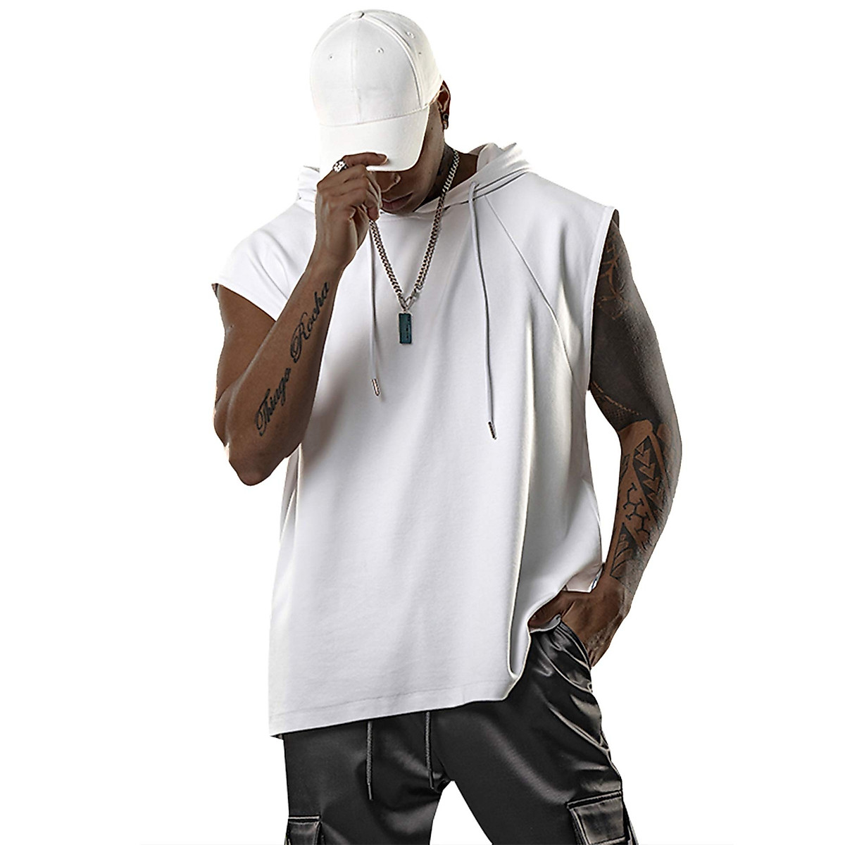 Aixdir Hoodie Tank Top Sleeveless Hoodie Workout Shirts for Men Gym Hoodies White