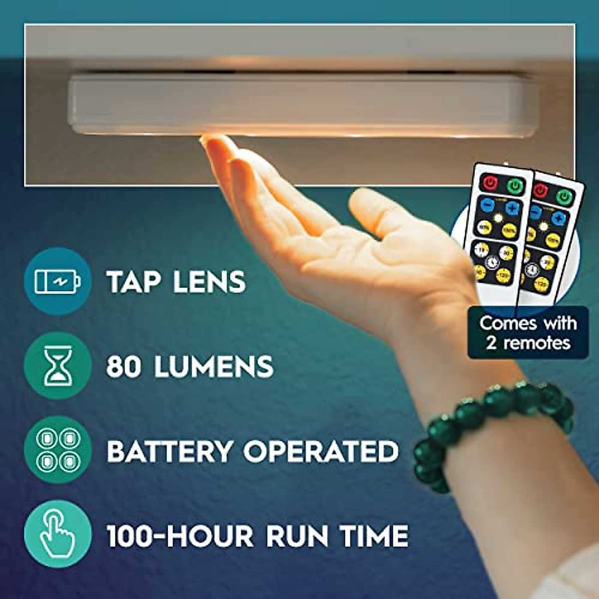 Brilliant Evolution Wireless LED Under Counter Lights 4 Pack with 2 Remote Controls, Under Counter Light Fixtures, Touch Light - Battery Operated Lights with Remote (4pk, 80 Lumens)
