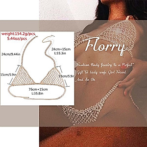 Florry Sparkly Crystal Bra Silver Body Chains Sexy Bikini Harness Body Jewelry Rave Beach Nightclub Body Accessories for Women and Girls