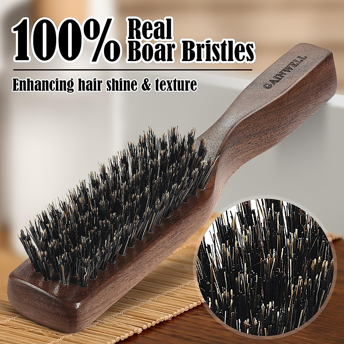 Mens Wild Boar Bristle Hair Brush for Men - Slick Back Hair Brush - Stiff Bristles for Thick Hair, Natural Black Walnut Wooden Handle Hairbrush, Beard Mustache Brush Comb by GAINWELL