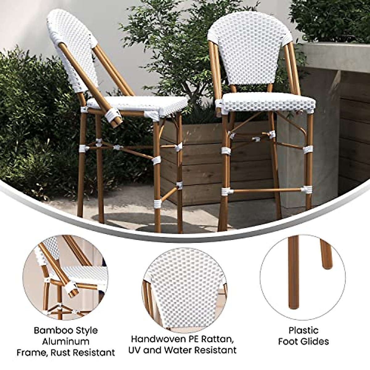 Flash Furniture Lourdes Commercial Grade Bistro Bar Height Stool, Stackable Indoor/Outdoor Dining Stool, 30" High, White/Gray and Bamboo Finish, Set of 2