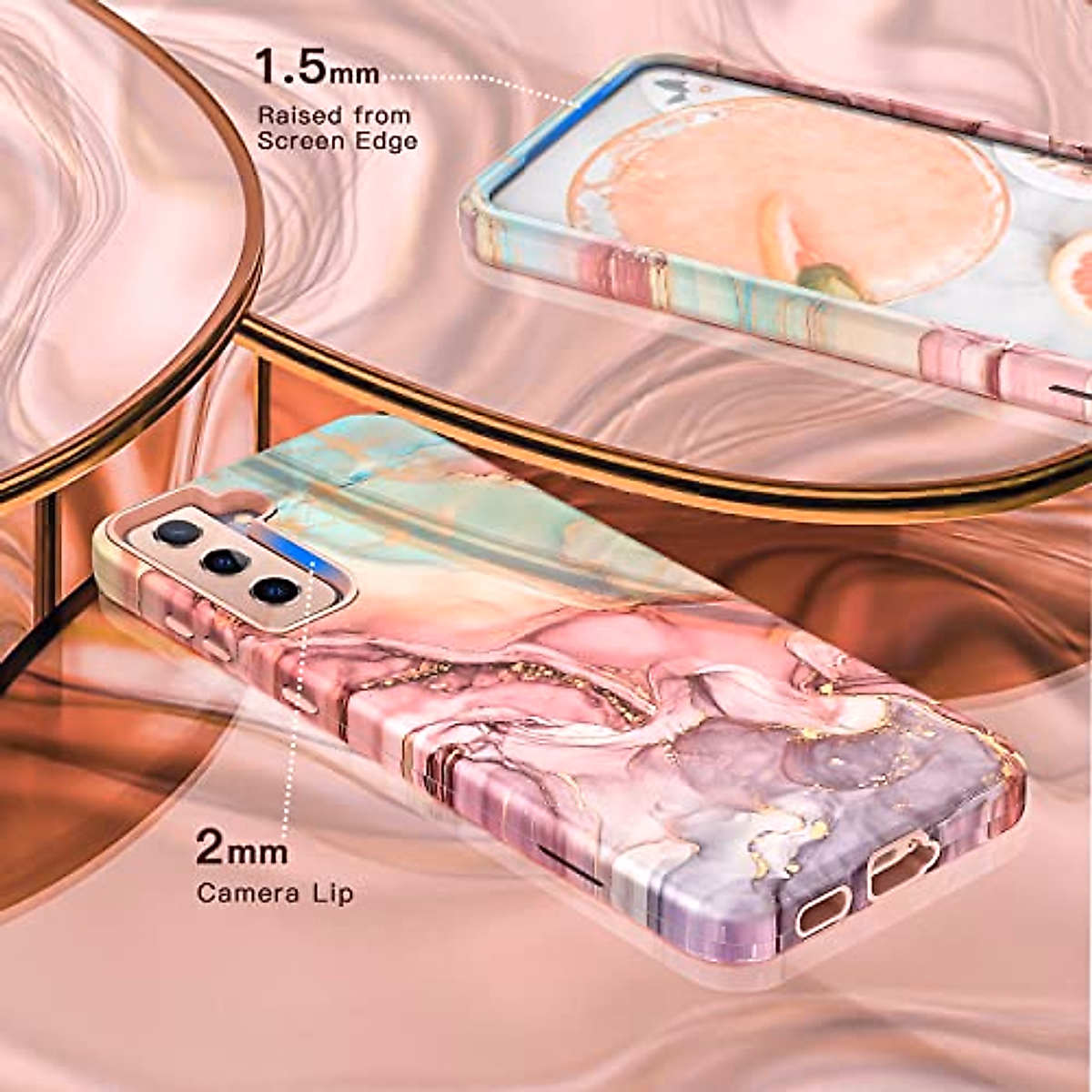 Galaxy S21 Plus Case: Marble Pattern 3-in-1 Heavy Duty Shockproof with Rugged Hard PC & Soft Silicone, Rose Gold
