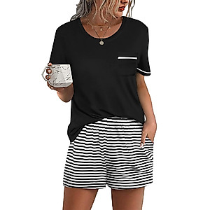 Ekouaer Womens Pajamas Sets Shorts 2 Piece Short Sleeve Lounge Sets Sleepwear Soft Pjs with Pockets Black
