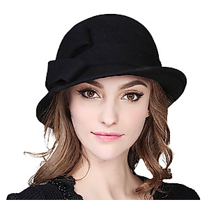 Bellady Women Solid Color Winter Hat 100 percent Wool Cloche Bucket with Bow Accent,Black, One Size