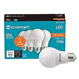 EcoSmart 60W Equivalent Soft White A19 Energy Star and Dimmable LED Light Bulb (4-Pack)
