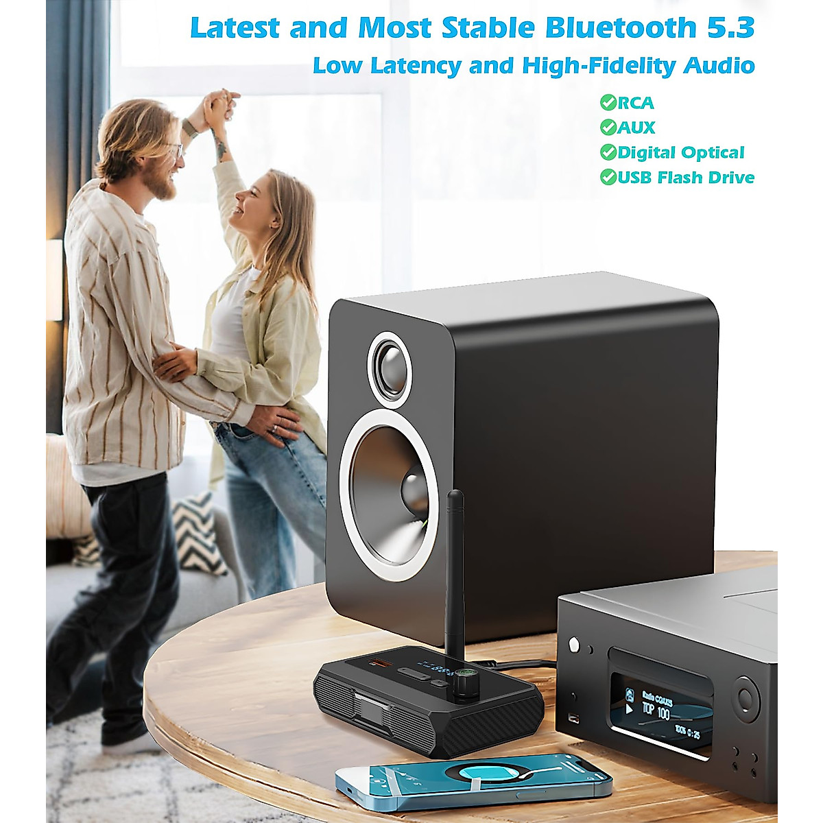 KAIY Bluetooth 5.3 Receiver for Home Stereo, Optical Low Latency & HD Music Audio Bluetooth to RCA Adapter for Stereo/Speakers/Wired Speakers/Home Audio Music Streaming Stereo System, Support AUX/USB