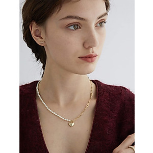 Cowlyn Love Heart Necklace Pendant 14K Gold Plated Paper Clip Chain Pearl Chain Vintage Charm Valentine Gift Women Jewelry