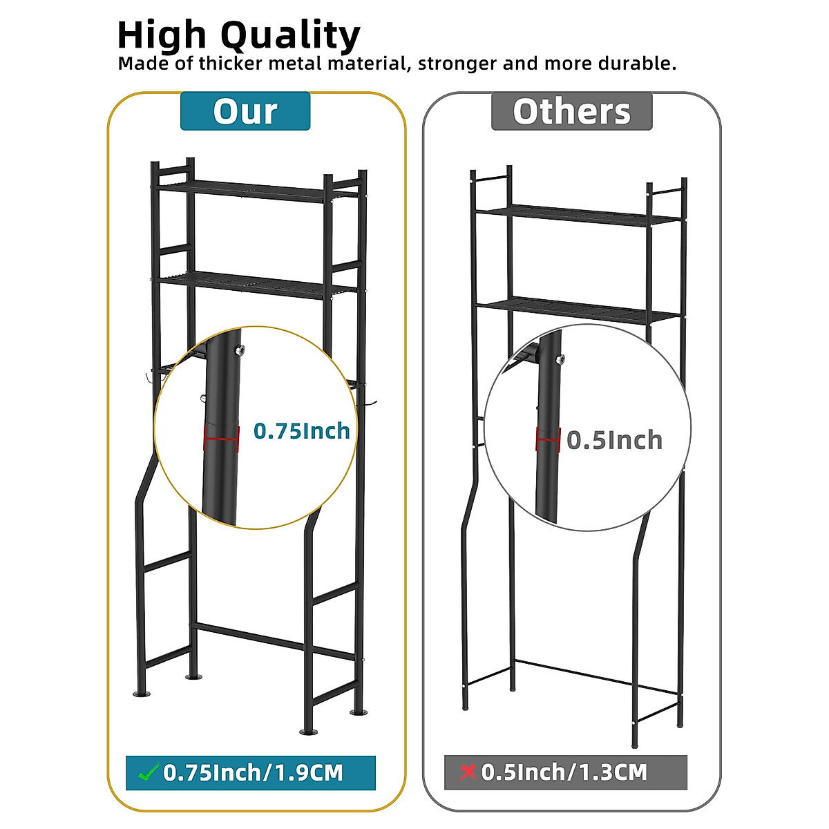 Livilord Over Toilet Storage Shelf, 3-Tier Freestanding Over The Toilet Storage, Metal Bathroom Shelves with Paper Holder and 4 Hooks, Above Toilet Shelf for Bathroom Storage, Black