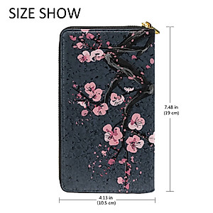 Cherry Blossom Black Leather Long Wallet Organizer with Zipper Purse Clutch Bag for Women Men