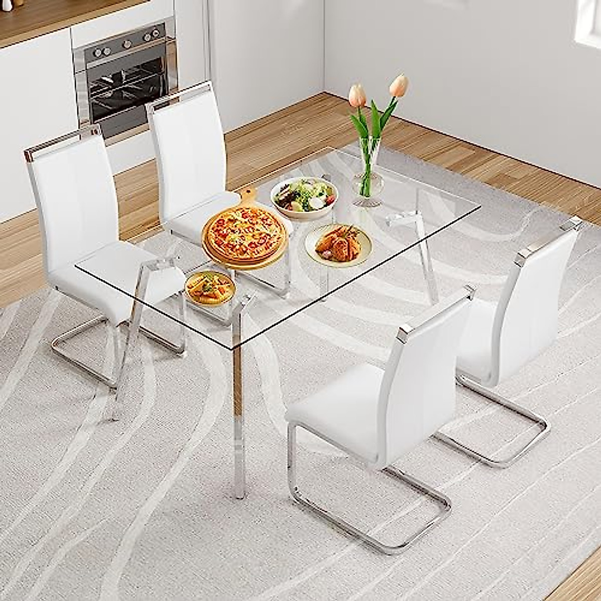 Glass Dining Table Set for 4,Rectangle Dinner Table with 4 White Leather Kitchen Chairs,51 in Kitchen Room Dining Set,0.31” Tempered Glass Table Top with Silver Metal Legs,4 Dining Chairs