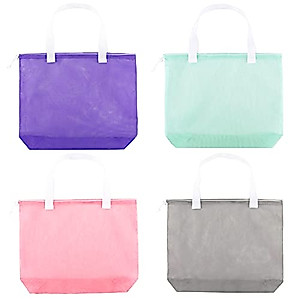 hsmyank Reusable 4Pack Colorful Mesh Beach Tote Bags,Pool Bag With Drawstring For Swim,Gift Or Laundry(WHITE HANDLE)