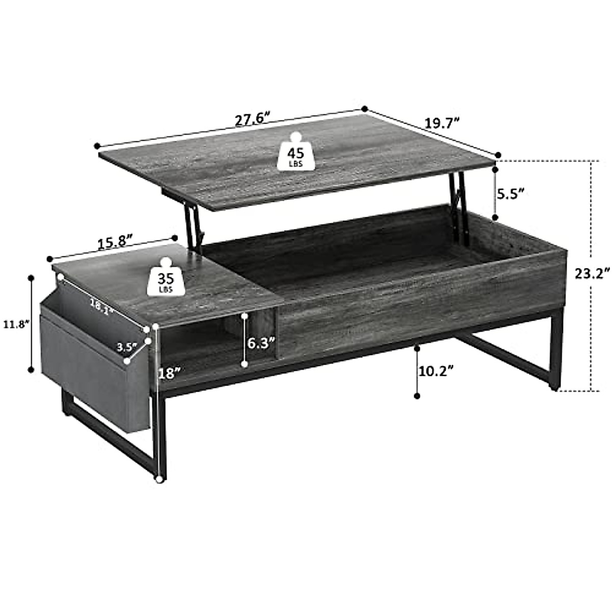 Aheaplus Lift Top Coffee Table with Storage, Wood Lifting Top Central Table Metal Frame, 43.3" Lift Tabletop Tea Table with Side Pouch, Cocktail Table Modern Pop up Adjustable Table for Living Room