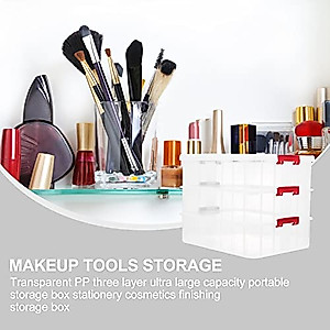 LUOZZY 3-Tiers Stack Carry Storage Box with Handle Large Capacity Stationery Cosmetics Storage Organizer Transparent Storage Bins Stackable (Red)