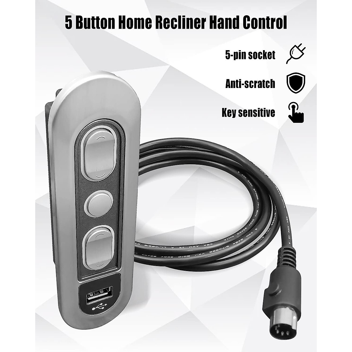 Qnbes Hand Control Handset with USB for Dual Moto Lift Chairs Power Recliners, 5 Button 5 Pin Fit for Okin Dewert Kaidi Limoss RMT and More