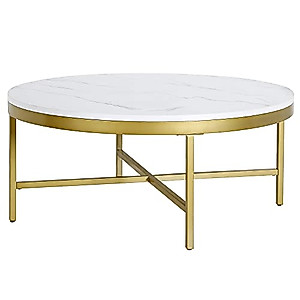Henn&Hart 36" Wide Round Coffee Table with Faux Marble Top in Brass/Faux Marble, Modern coffee tables for living room, studio apartment essentials