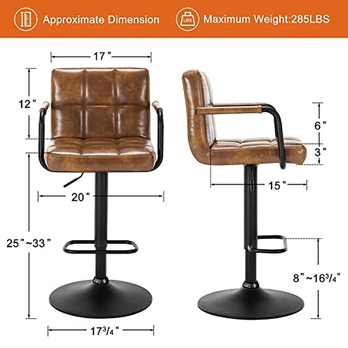 Furniliving Adjustable Bar Stools with Armrest, Modern Square PU Leather Chairs with Back Swivel Counter Height Barstools with Arms for Kitchen Dining Pub Cafe, Set of 2 (YellowBrown)