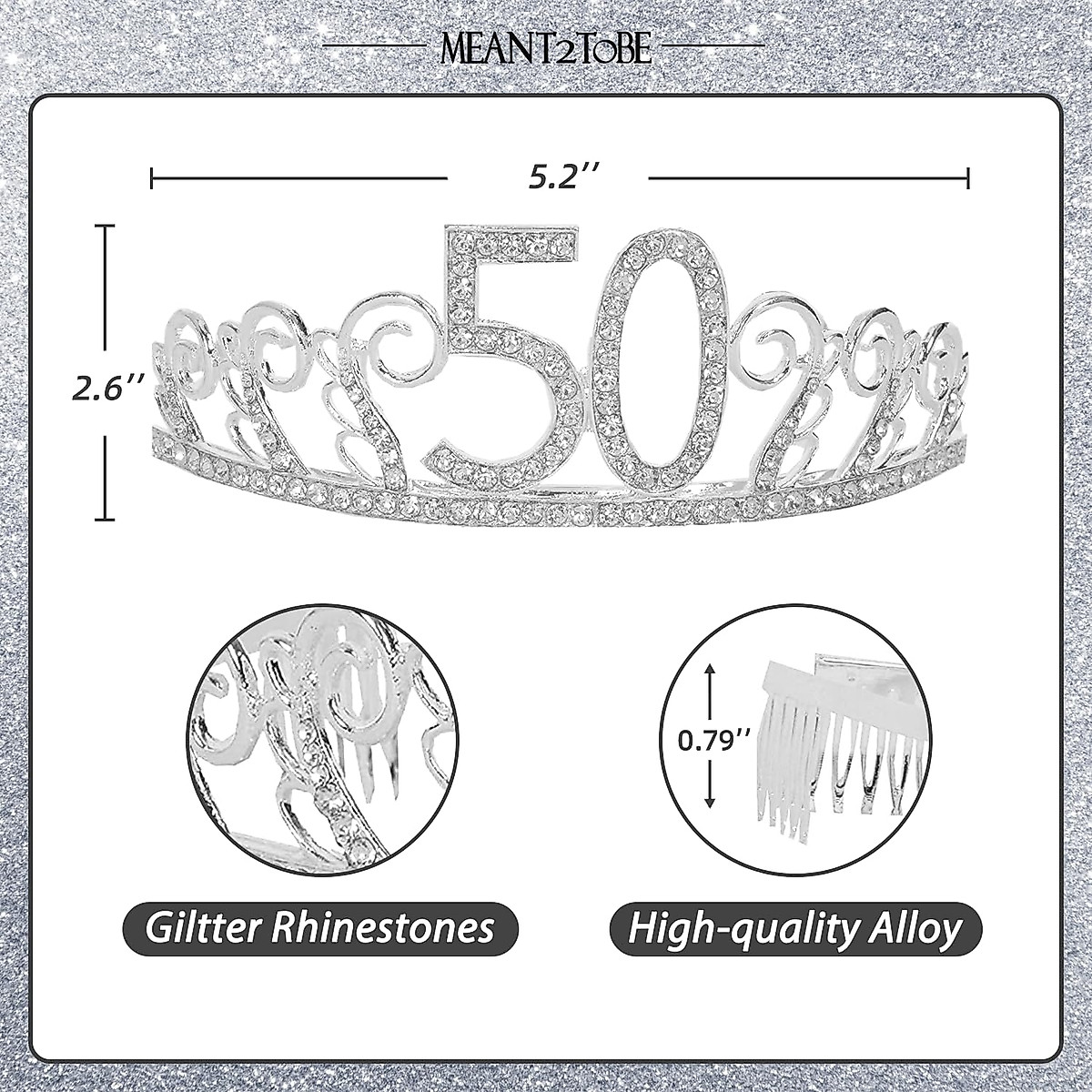 MEANT2TOBE 50th Birthday Sash and Tiara for Women - Fabulous Glitter Sash + Waves Rhinestone Silver Premium Metal Tiara for Her, 50th Birthday Gifts for 50 Party
