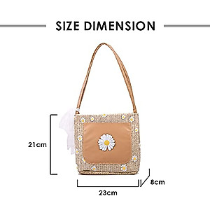 Xlabor Daisy Straw Beach Bag Woven Rattan Bag Tote Shoulder Bag Summer Handbag for Girl Women Summer Bohemia ,Brown
