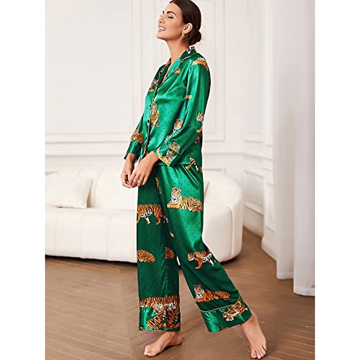 SheIn Women's Satin Sleepwear Lapel V Neck Leopard Print Long Sleeve Pajamas Set Green Polka Dot & Tiger Print Medium