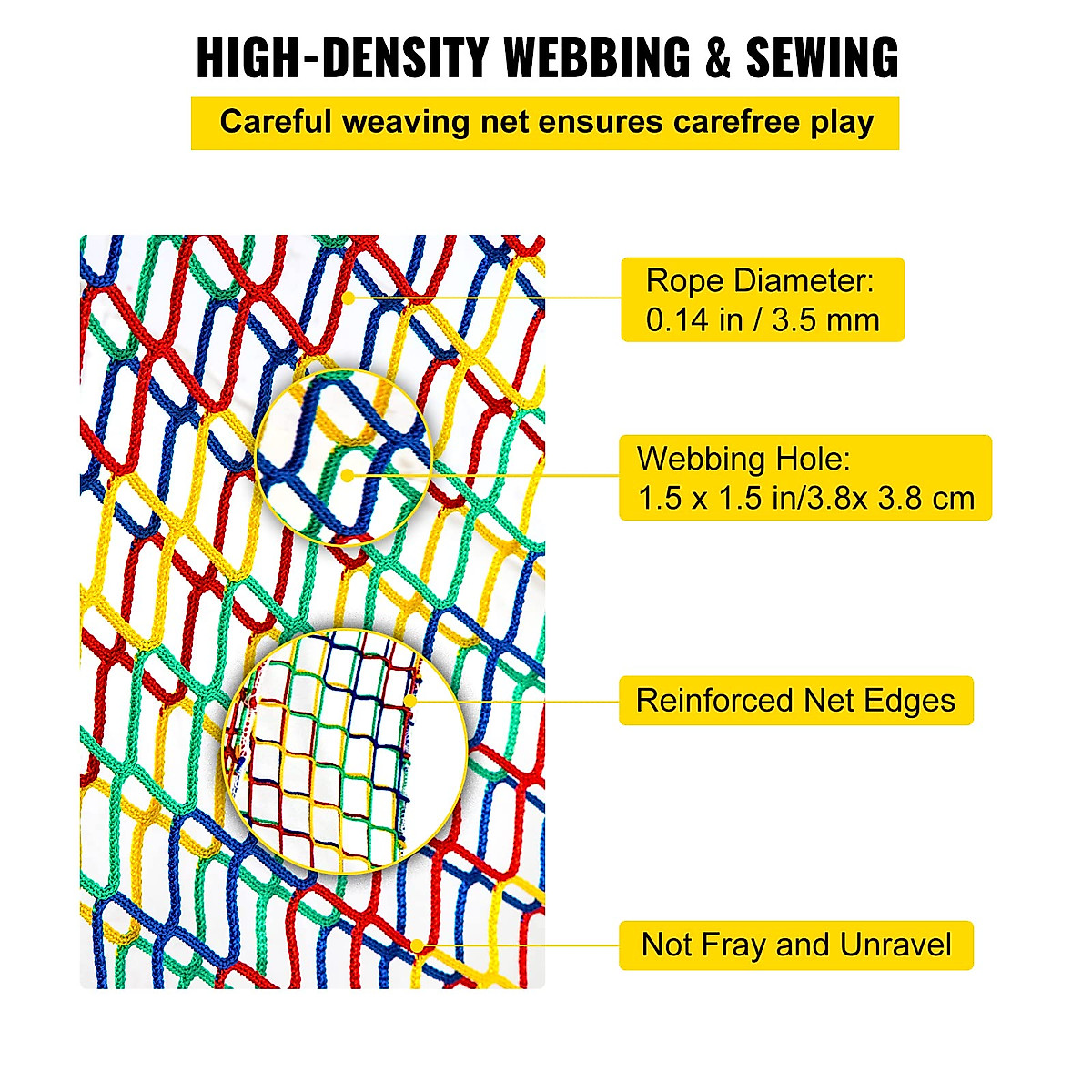 VEVOR Climbing Cargo Net, 14.8 x 10.5 ft Playground Climbing Cargo Net, Polyester Double Layers Cargo Net Climbing Outdoor w/500lbs Weight Capacity, Rope Bridge Net for Tree House, Monkey Bar, Rainbow