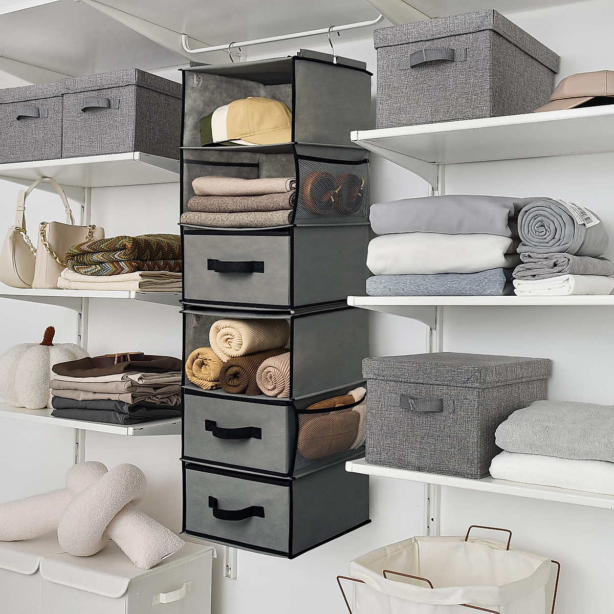 GRANNY SAYS 6-Shelf Hanging Closet Organizer, Separable to 2 Pack 3-Shelf, Closet Organization and Storage with 3 Different Drawers, 4 Side Pockets Wardrobe Clothes Organizer, Gray, 1-Pack