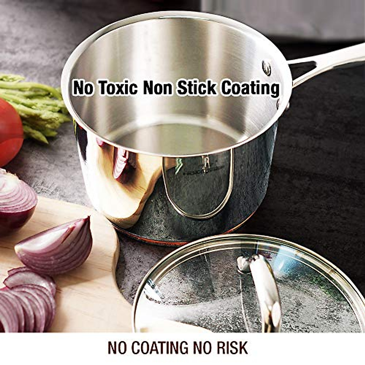 HOMI CHEF Mirror Polished NICKEL FREE Copper Band Stainless Steel 2.5 QT Sauce Pan with Glass Lid (No Toxic Non Stick Coating, 7 Inch) - Cookware Set - Cookware Pots And Pans Sets