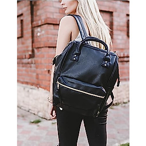 Kah&Kee Leather Backpack Diaper Bag with Laptop Compartment Travel School for Women Man (Black, Large)