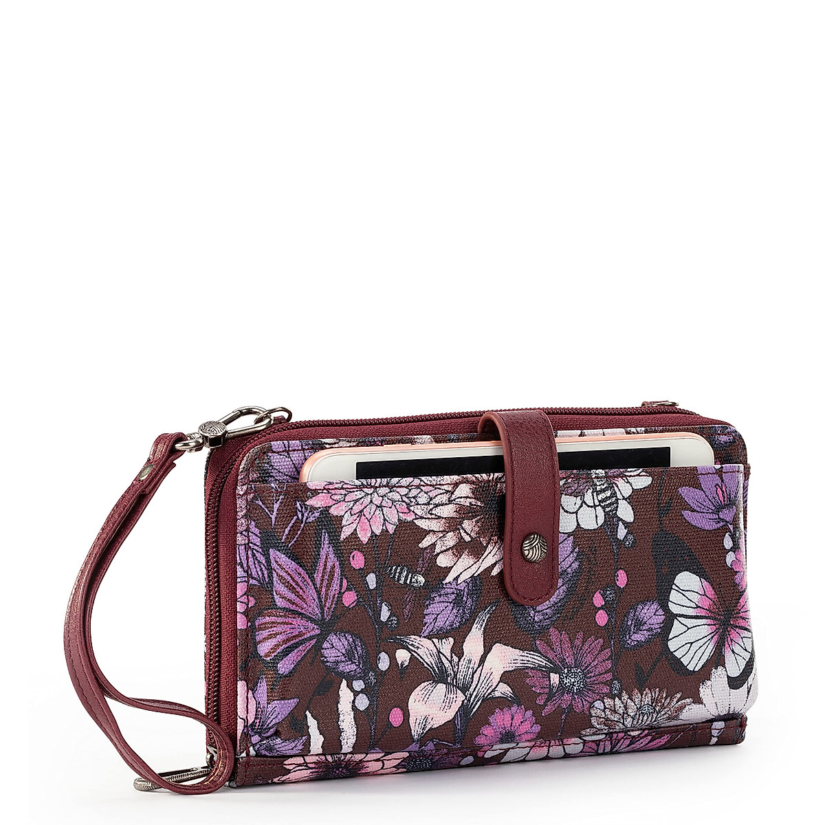 Sakroots Womens Canvas, Large Smartphone Crossbody Bag in Coated Canvas Convertible Purse with Detachable Wristlet Strap I, Cabernet Bloom, One Size US